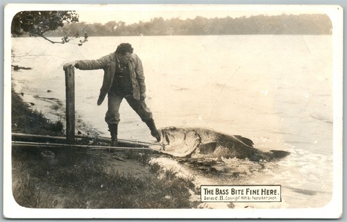 FISHING EXAGGERATED 1911 ANTIQUE REAL PHOTO POSTCARD RPPC w/ CORK STAMP ...
