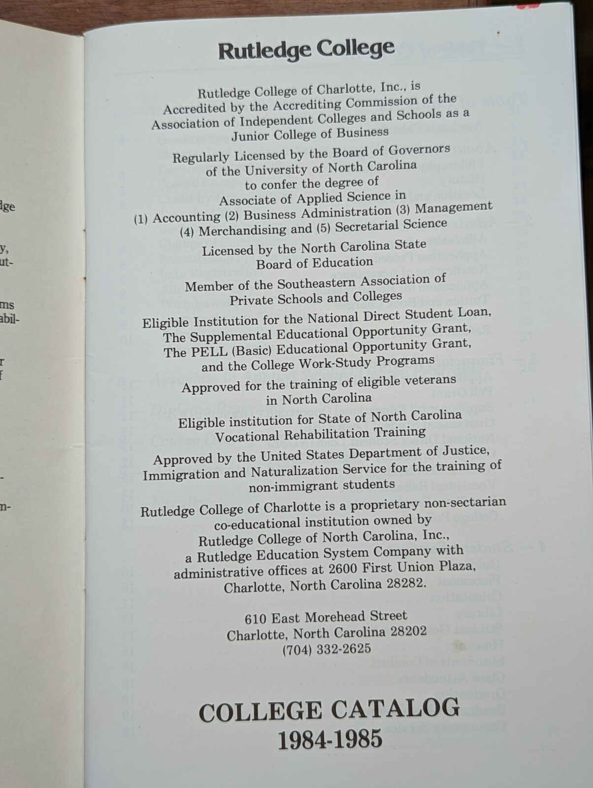 Rutledge College Catalog 1984 Charlotte NC George Shinn Schools | eBay
