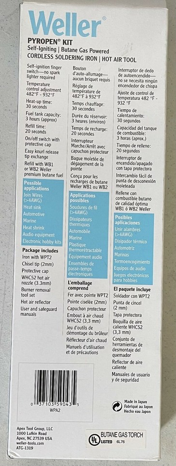 Weller WPA2 PYROPEN KIT Self-Igniting Butane as Powered Cordless ...