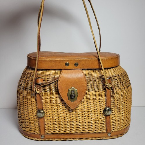 Vintage Tooled Leather and Wicker Fishing Basket Purse Handbag Floral ...