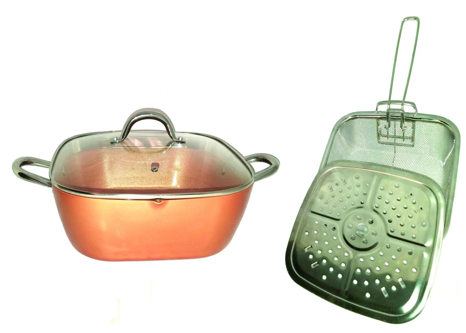 Copper Square Deep Pan,12 Inch, Induction Base Glass Lid,Fry Basket ...