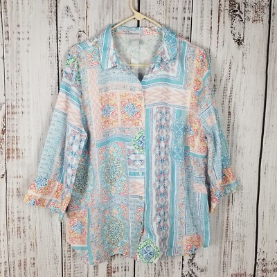 Chicos Coastal Tile Shirt Women Size 14 Bohemian 100% Linen No Iron ...