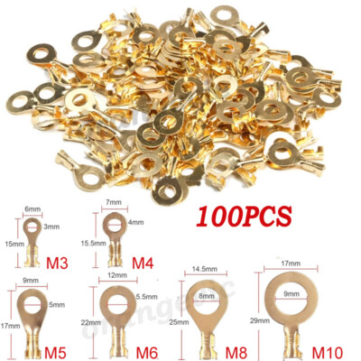 100Pcs Brass Ring Electrical Wire Connectors Crimp Terminals Gold ...
