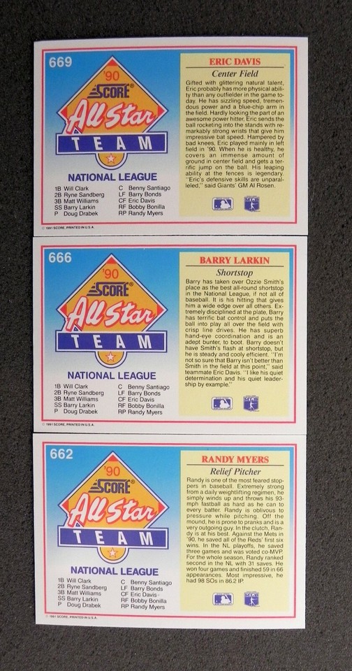 Cincinnati Reds *Larkin *Davis *Myers 1991 Score _ Receive Exact 3 ...