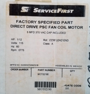 MOT02190 MOTOR FAN COIL 1/12 HP 115 V 775/3 SP RPM DOUBLE SHAFT 9.5 X 1 ...