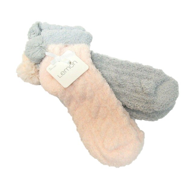 2 PR Lemon Ladies Slipper Socks Plush Low Cut Pom Poms Pink / Grey ...