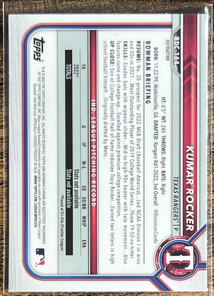 2022 Bowman Chrome Kumar Rocker 1st Refractor #BDC-164 Texas Rangers | eBay