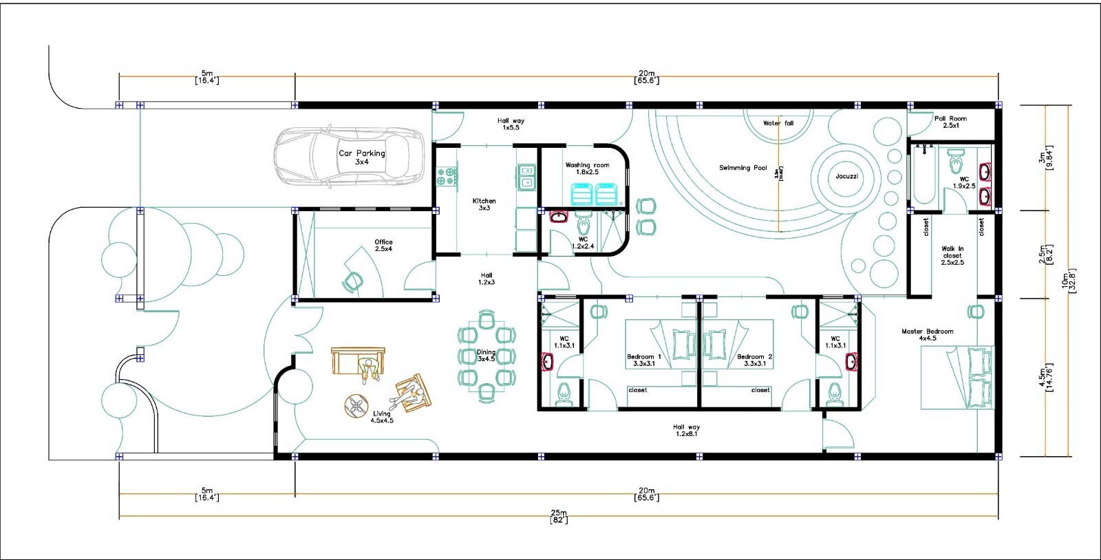 33x65 Feet House Plans 10x20 Meter 3 Bedrooms with Swimming Pool (A4 ...