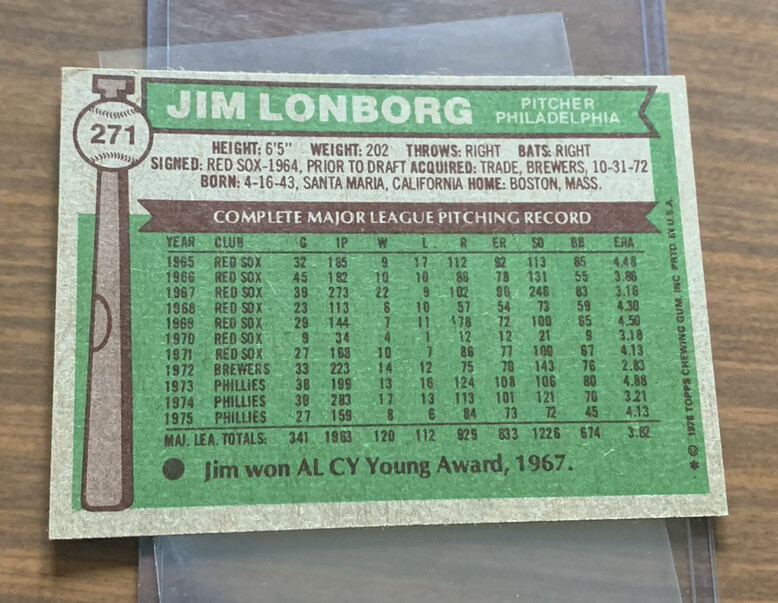 Jim Lonborg 1977 Topps Baseball Card # 271 AUTO, Red Sox / Phillies | eBay