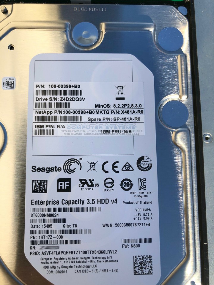 Netapp X481A-R6 12TB 7.2K (6TB x 2 tandem) X481_SMKRE06TSDB 108-00398 ...