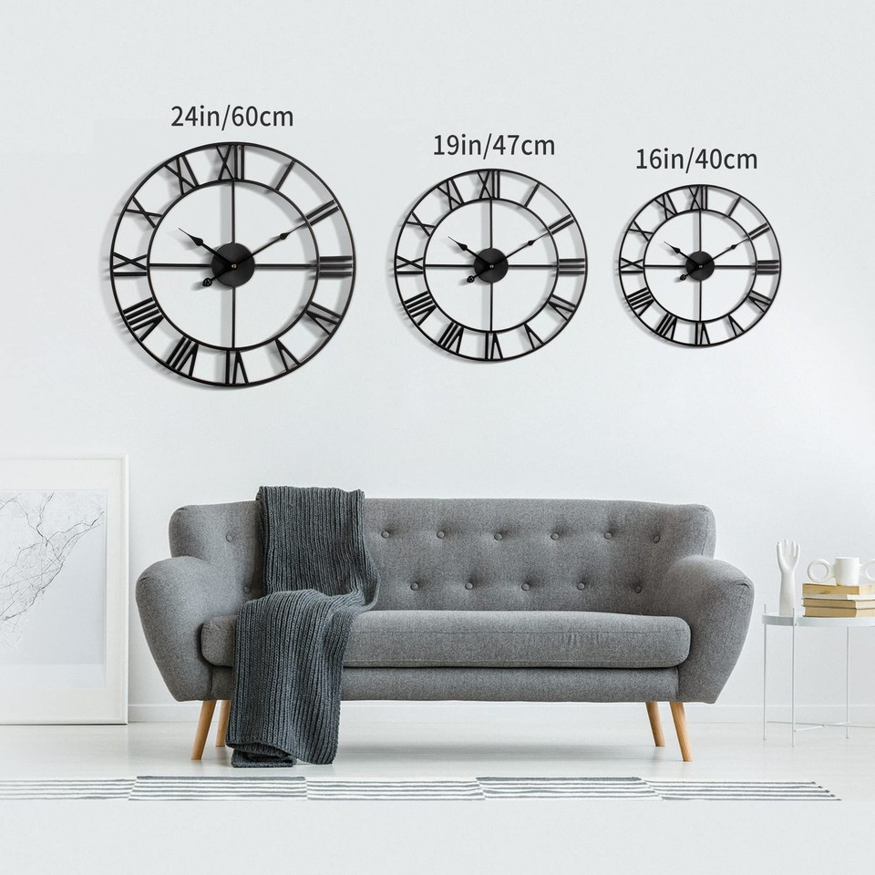 Large Modern Metal Wall Clocks Rustic Round 19 Inch, Black-roman Number ...