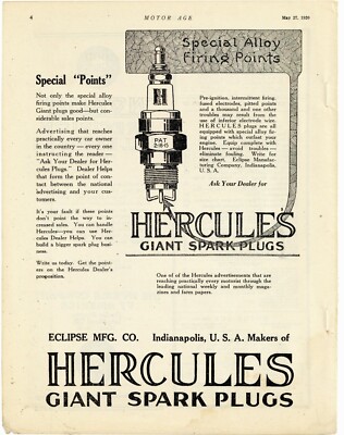 1920 Hercules Spark Plugs Ad: Eclipse Mfg. Co. Giant Spark Plugs ...