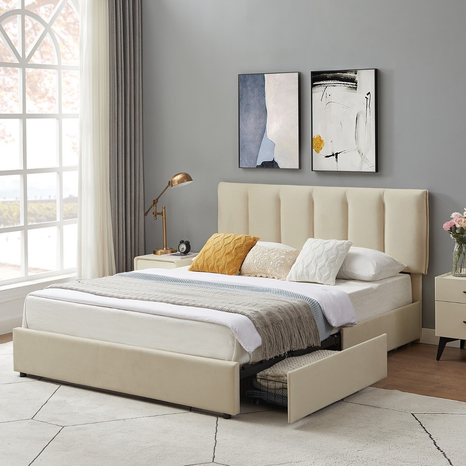 VECELO Upholstered Queen Full Bed Frame w/ 4 Storage Drawer Wooden Slat ...