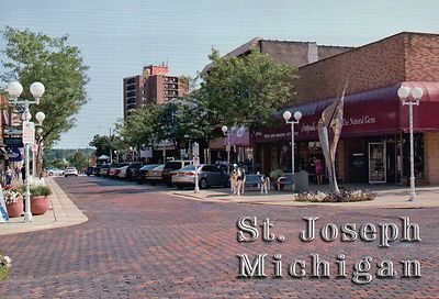Downtown St. Joseph Michigan, Cars, Street Scene, Lights, Cow Statue ...