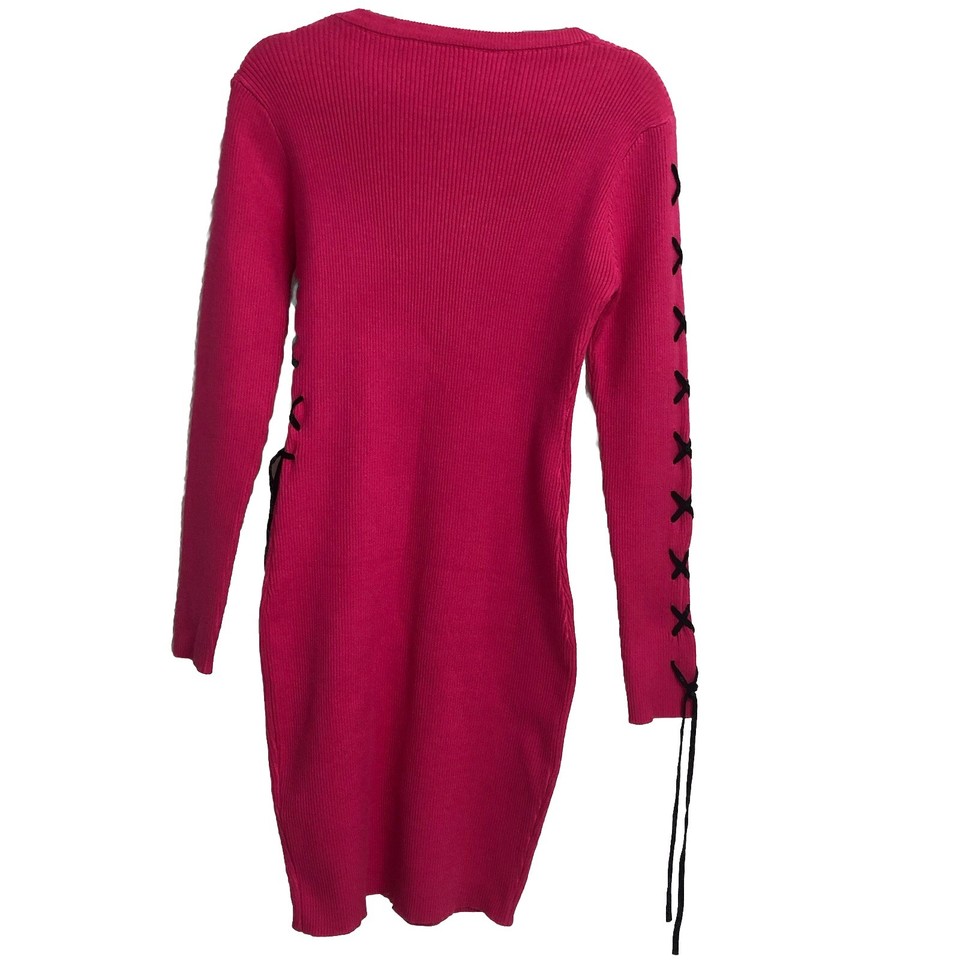 Women’s Hot Pink Ribbed Sweater Dress Long Sleeve Lace-up Front ...