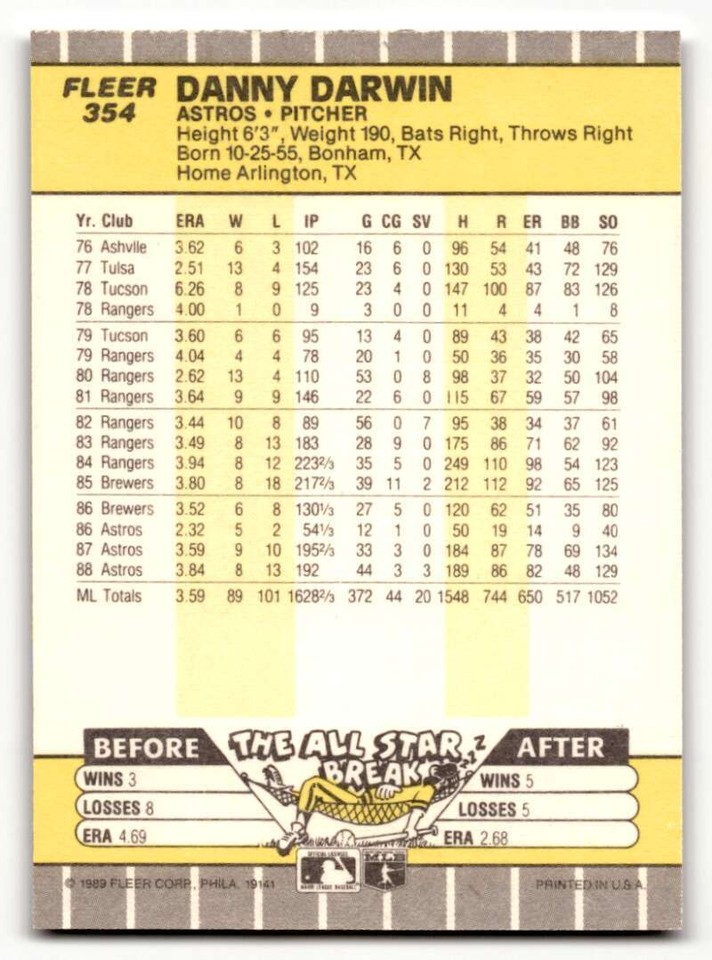 1989 Fleer #354 Danny Darwin Houston Astros Baseball Cards NM Near M ID ...