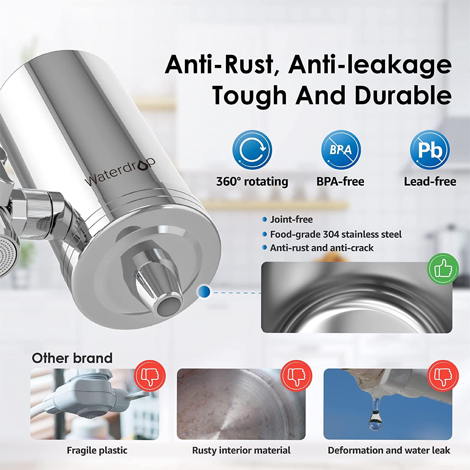 Waterdrop Stainless-Steel Faucet Water Filter, FC-06(320 GAL)& CTF-01 ...