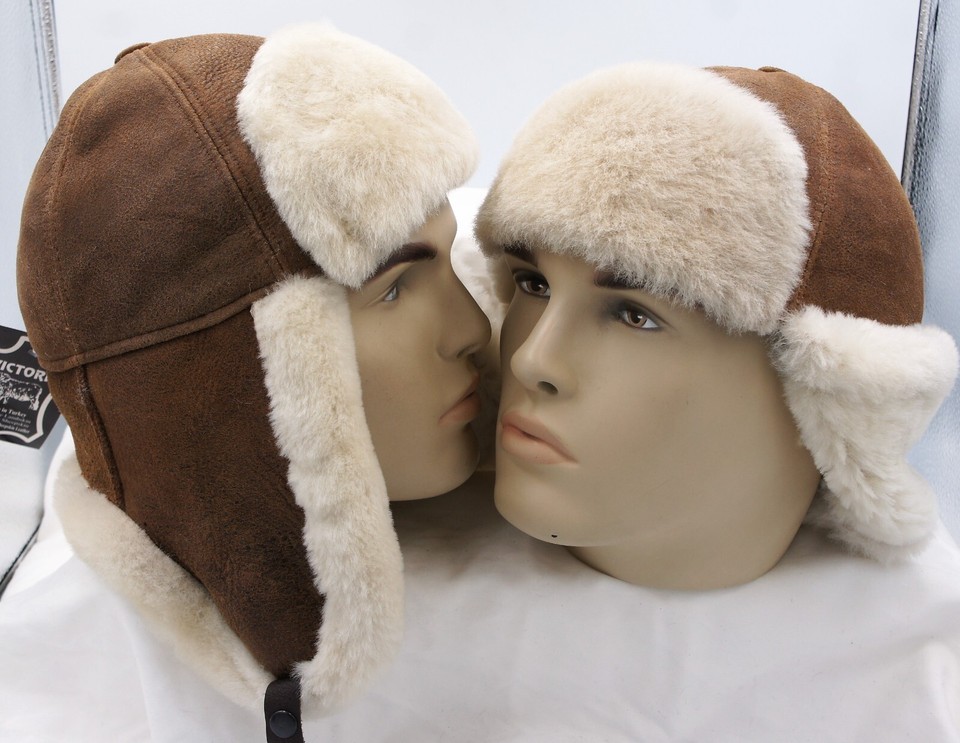 REAL Sheepskin Shearling Leather Hat Trapper Ushanka Hunting ESPRESSO ...