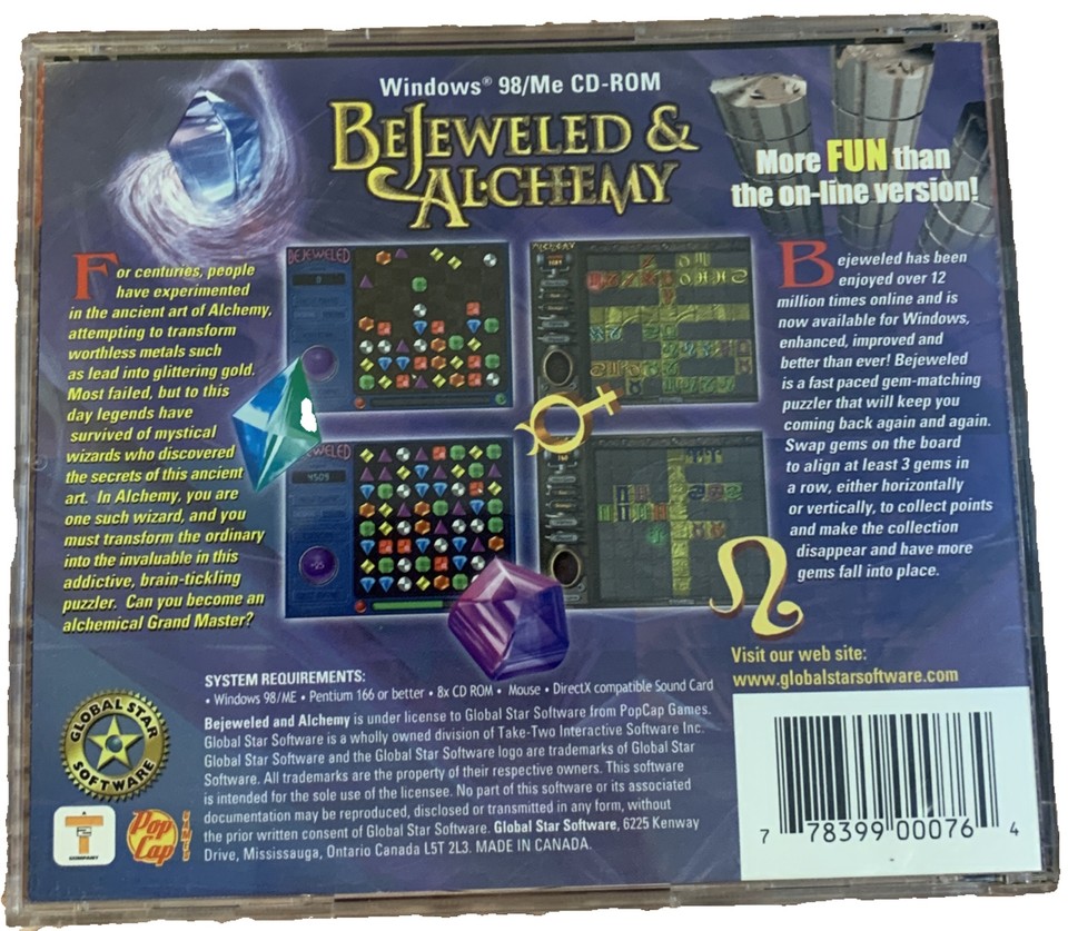 Bejeweled & Alchemy PC CD-ROM Pop Cap Global Star 2001 game for Windows ...