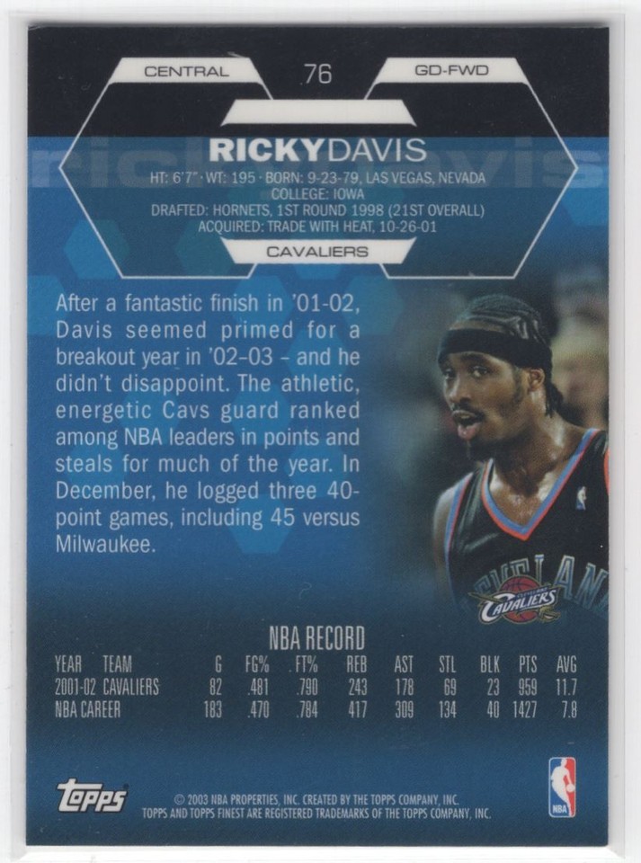 #76 2002-03 Topps Finest Ricky Davis Cleveland Cavaliers | eBay