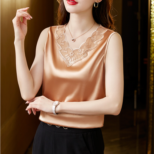 Donna Seta Raso Canottiera Pizzo Canotta Camicia senza Maniche V ...