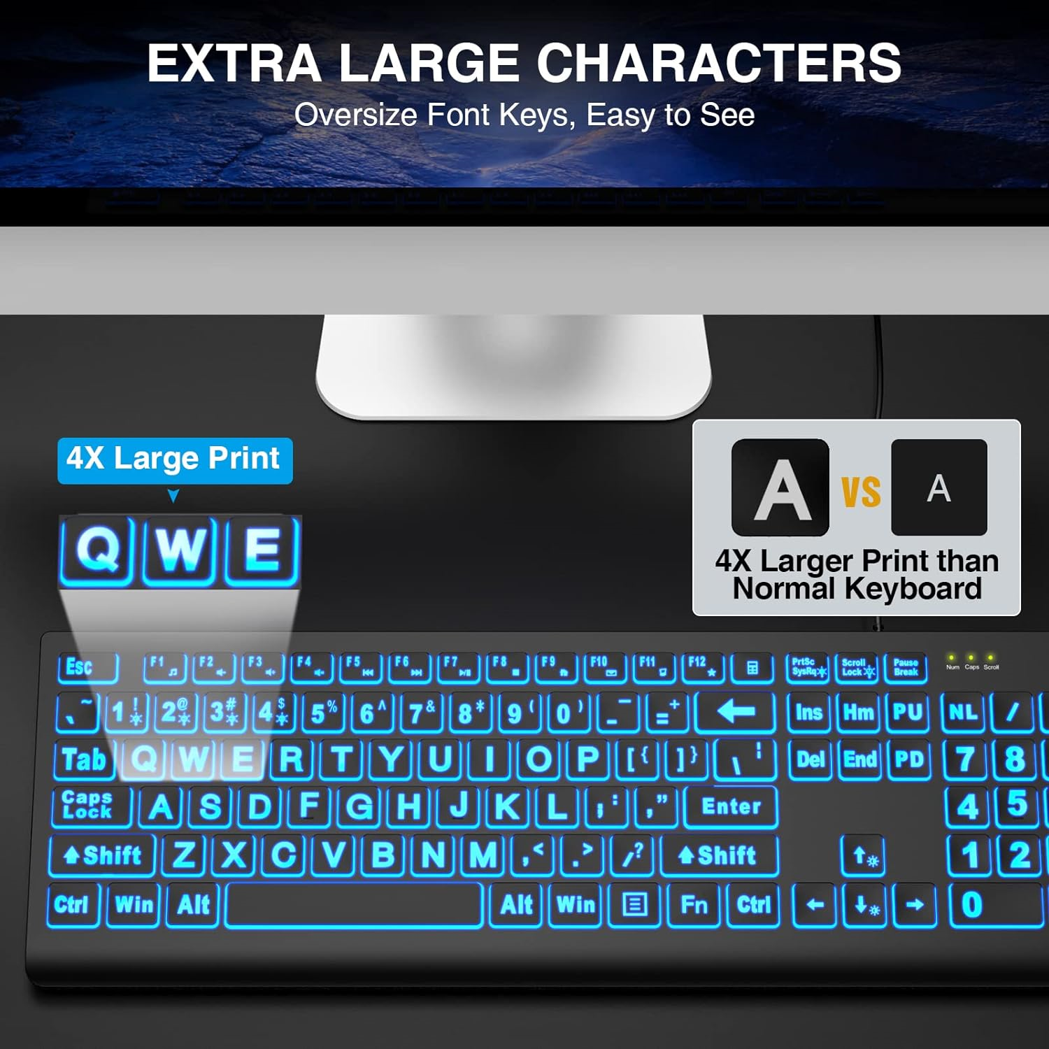 Large Print Backlit Keyboard Wired USB Lighted Computer Keyboard with 7 ...