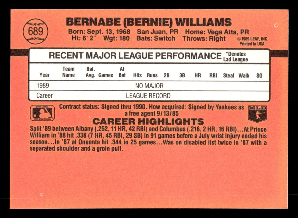 1990 Donruss Bernie Williams #689c New York Yankees HIGH GRADE BEAUTY ...