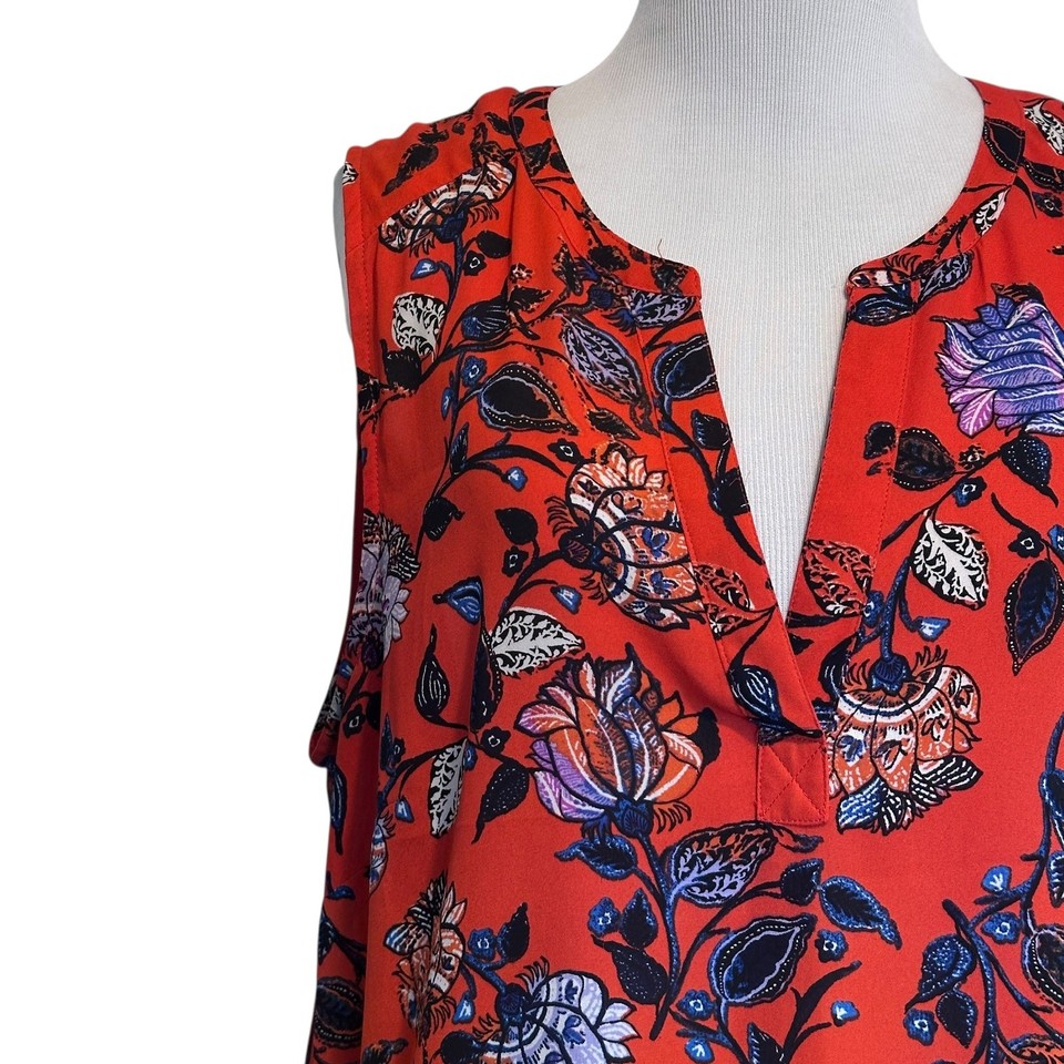 DR2 Floral Tank Womens Large Red Split Neck Boho Sleeveless Top Career ...