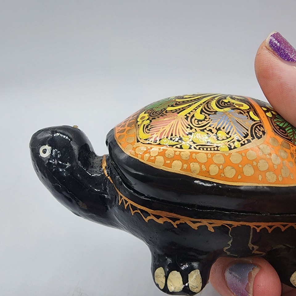 Sudha Turtle Paper Mache Trinket Box Lacquered Handmade Hand Painted | eBay