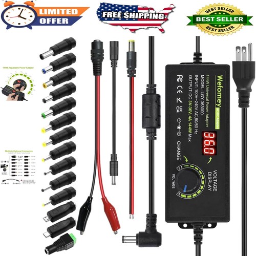 144W AC/DC Adapter: Adjustable Voltage 3V-36V with Polarity Converter ...