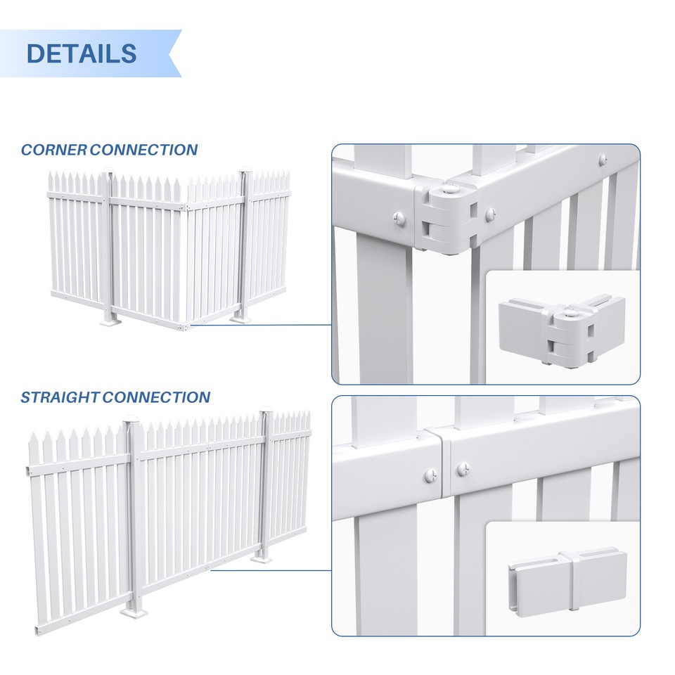 Vinyl Picket Fence PVC Panel White 84''Wx30''H Yard Garden Straight 20 ...