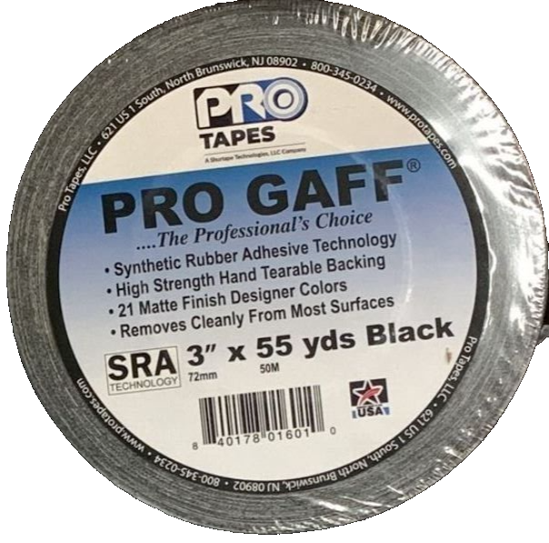 Pro Tapes Pro Gaff Gaffers Tape 3 inches x 55 yards Roll Black SRA ...