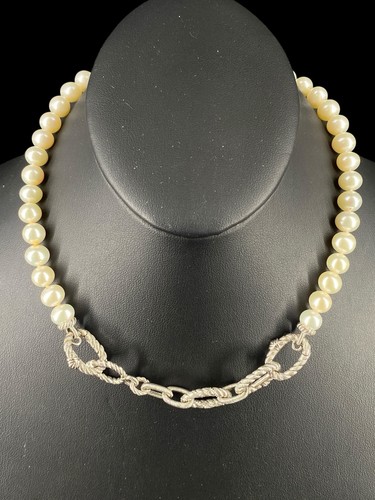 Judith Ripka 925 Sterling Silver Link Chain w/ Pearl Strand Necklace 17 ...
