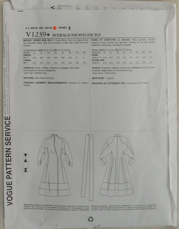 Vogue Pattern - V1239 - Misses' Dress & Belt by; Chado ; Ralph Rucci | eBay