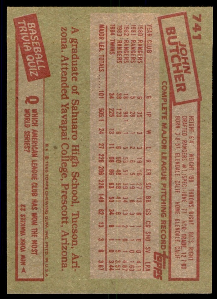 1985 Topps John Butcher Baseball Cards #741 | eBay