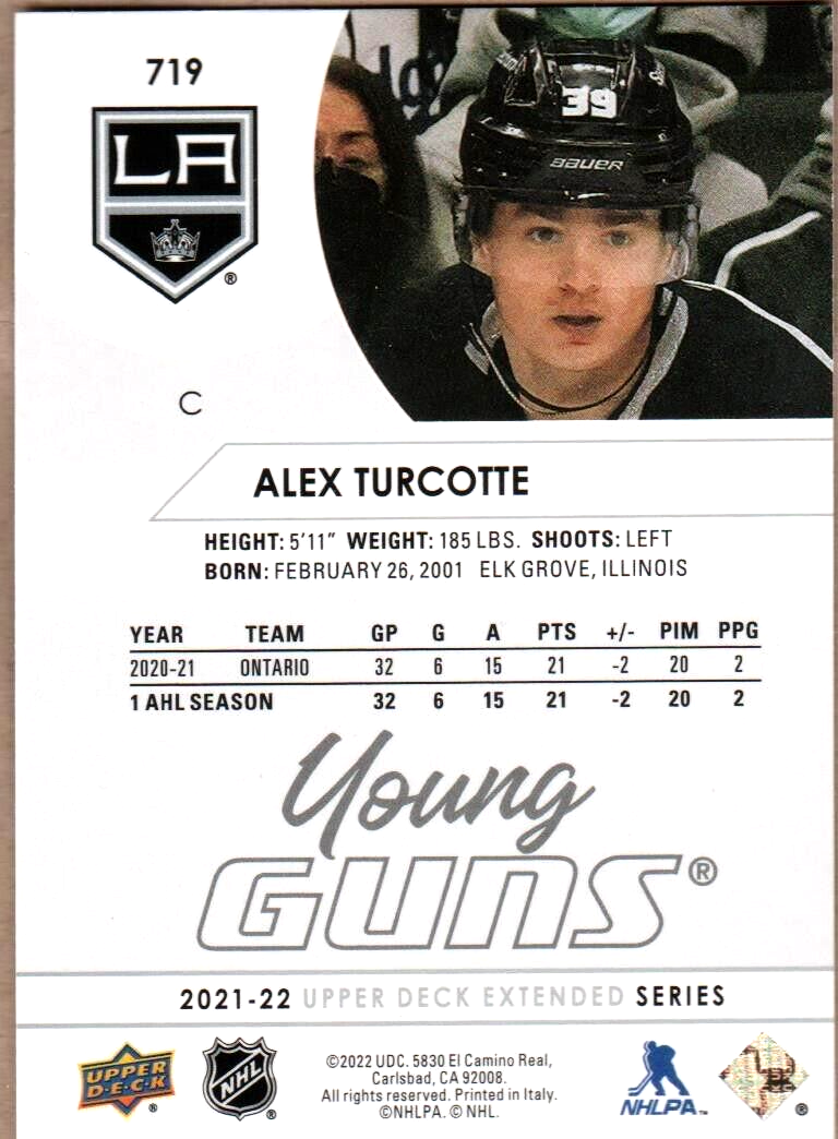 ALEX TURCOTTE RC 21-22 UPPER DECK YOUNG GUNS ROOKIE # 719 KINGS ...