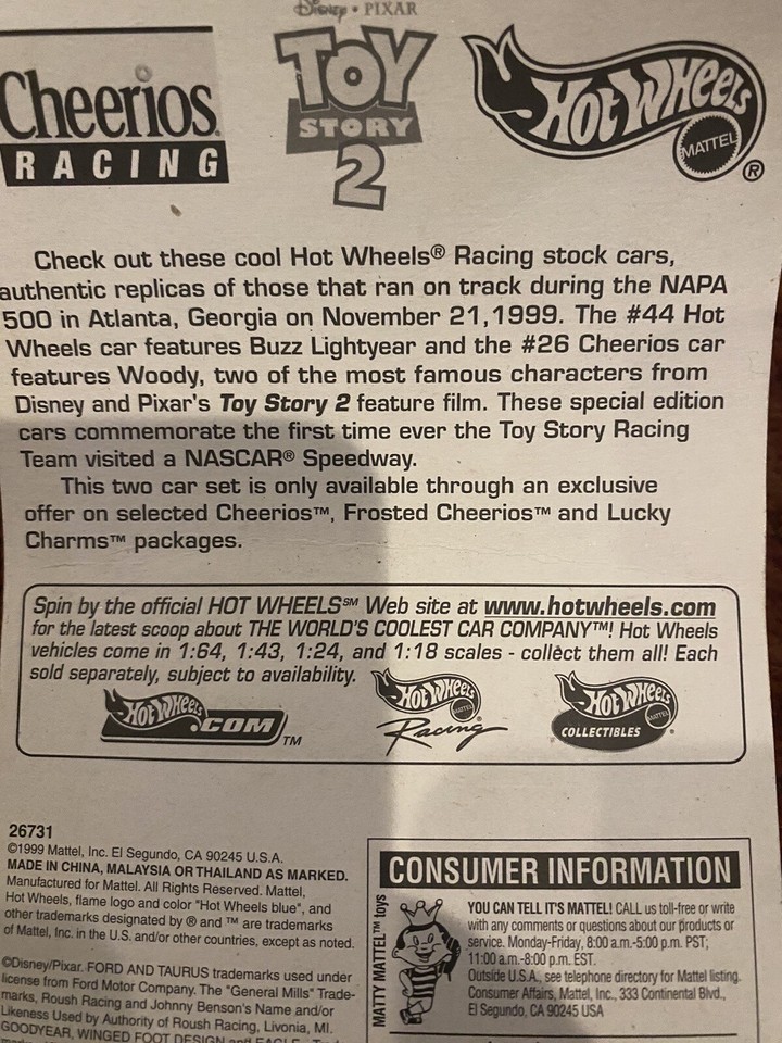Hot Wheels Cheerios Toy Story 2 Twin Pack #26 #44 Diecast Nascar ...