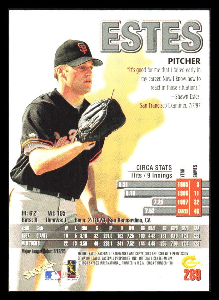 1998 Circa Thunder #289 Shawn Estes Baseball Card | eBay
