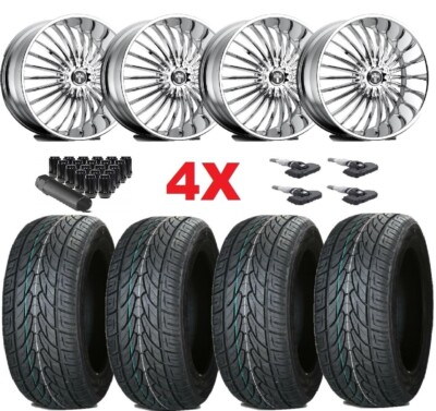 26 CHROME DUB WHEELS RIMS TIRES PACKAGE SET SUAVE DEEP LIP DISH MULTI ...