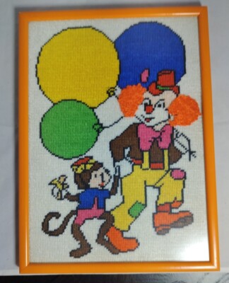 Vintage Framed Needlepoint Clown With Balloons And Monkey 1970s Wall ...