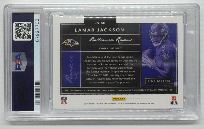 2018 Panini One Lamar Jackson Premium Rookie Patch Auto RPA #31/49 PSA ...