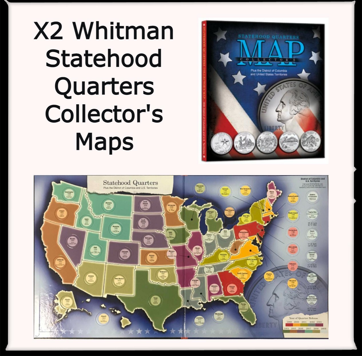 2 Whitman Statehood Quarters Collector's Map 2784 Coin Folders 50 State ...
