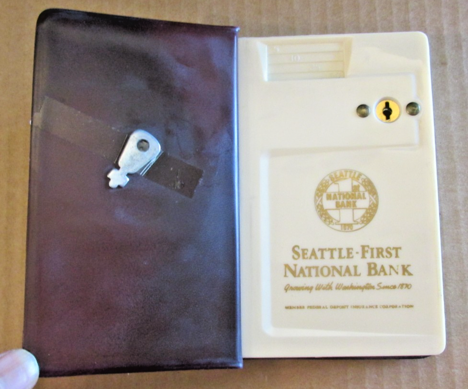 VTG Seattle First National Bank Disguised Book Coin Bank with Key 3 1/2 ...