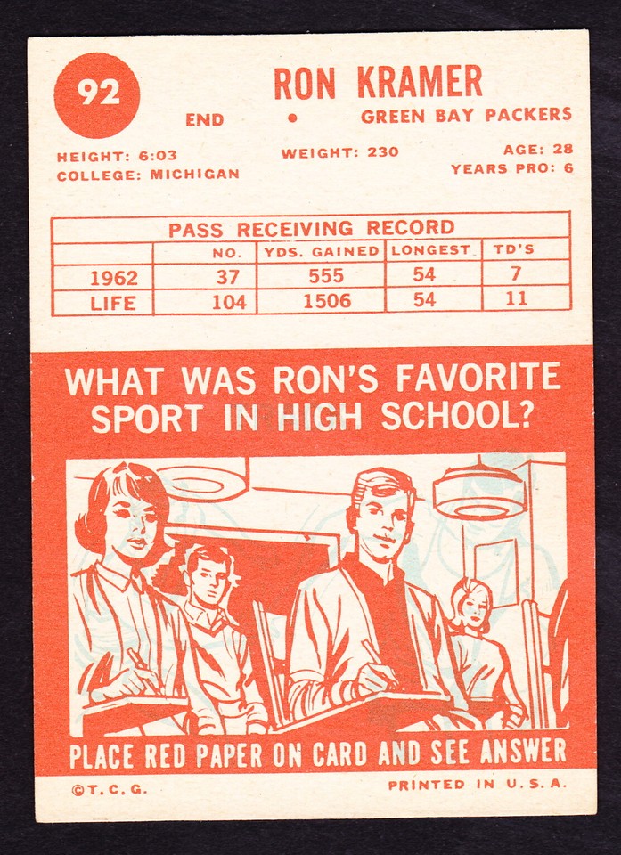 1963 TOPPS #92 RON KRAMER PACKERS | eBay