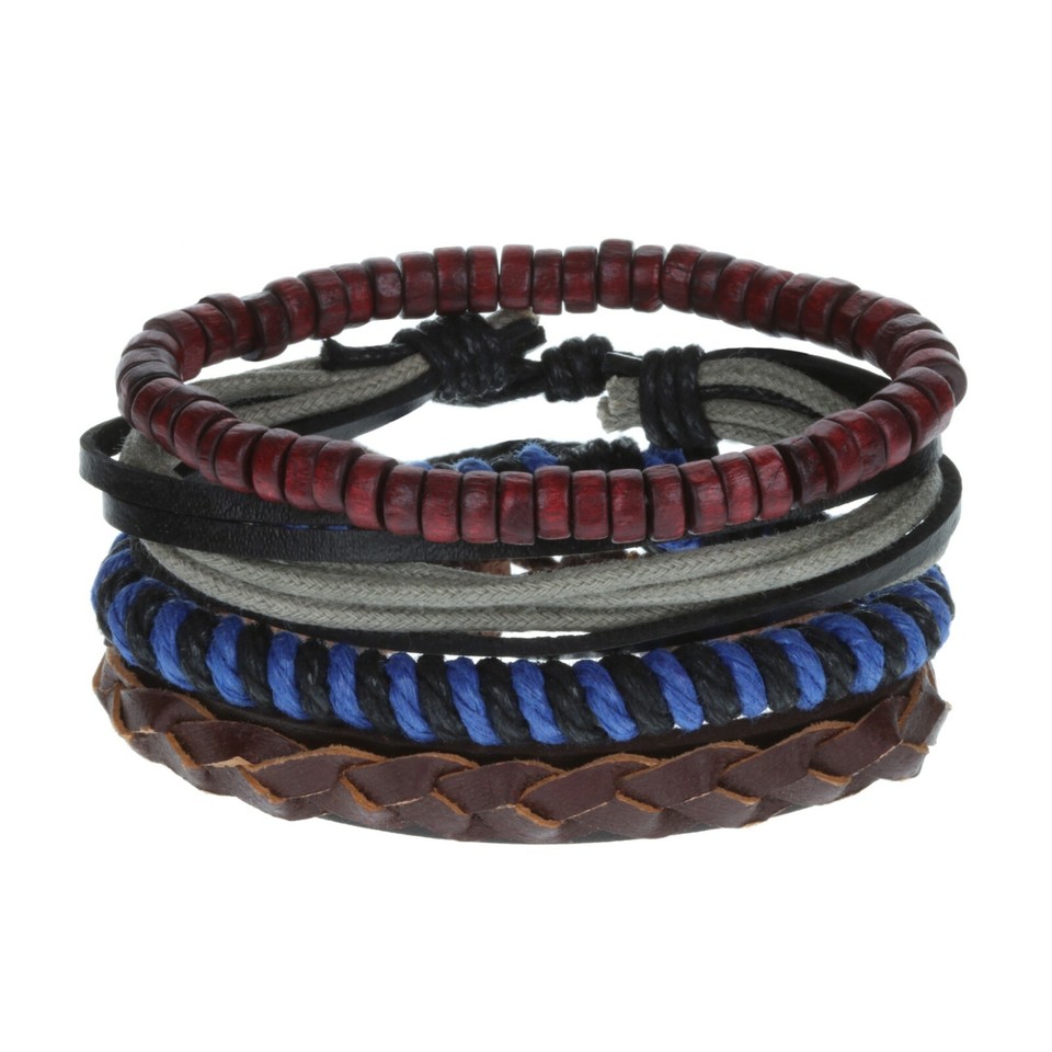 Mens Leather Bracelet Surfer Wide Multi Row Layer Stack Wristband Wrap ...