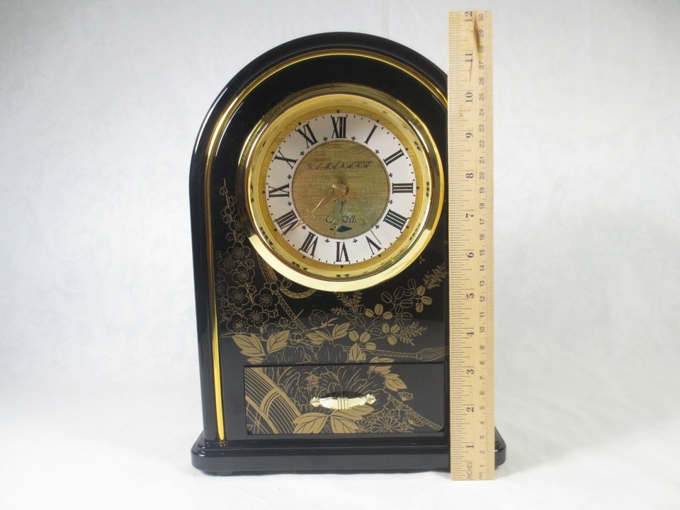 Yamanaka Mantel Clock w round top floral design goldtone trim w drawer ...