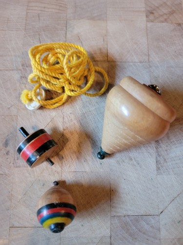 Lot of 3 - Vintage Wooden Spinning Toy Tops w/ 1 string and Wood Toys ...
