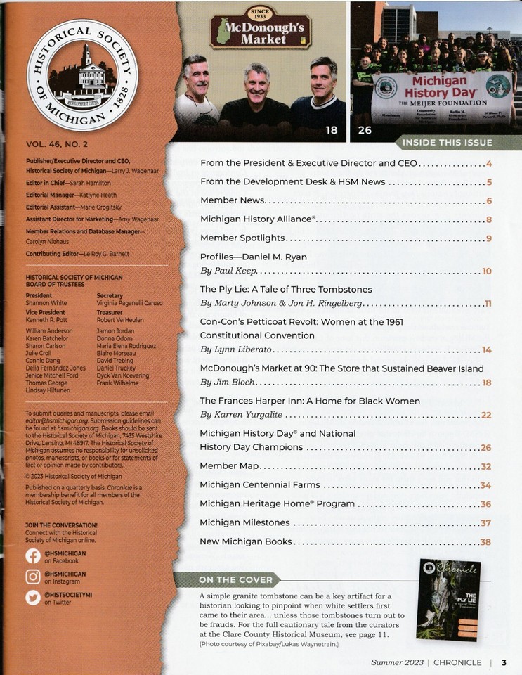 CHRONICLE -- Summer 2023 issue ~ Membership Journal Michigan Historical ...