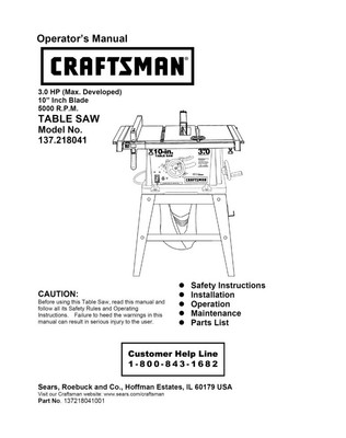 Craftsman 137.218041 Table Saw Owners Instruction Manual | eBay
