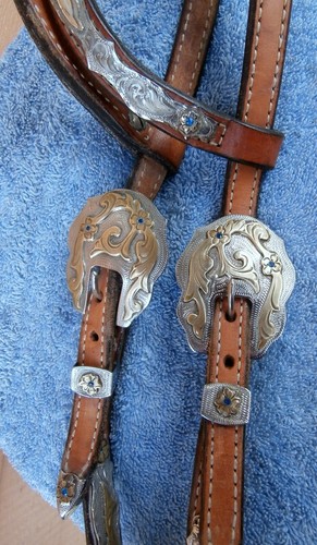 Silver Buckles Double Slide Ear Horse Show Headstall Blue Stones Brass ...